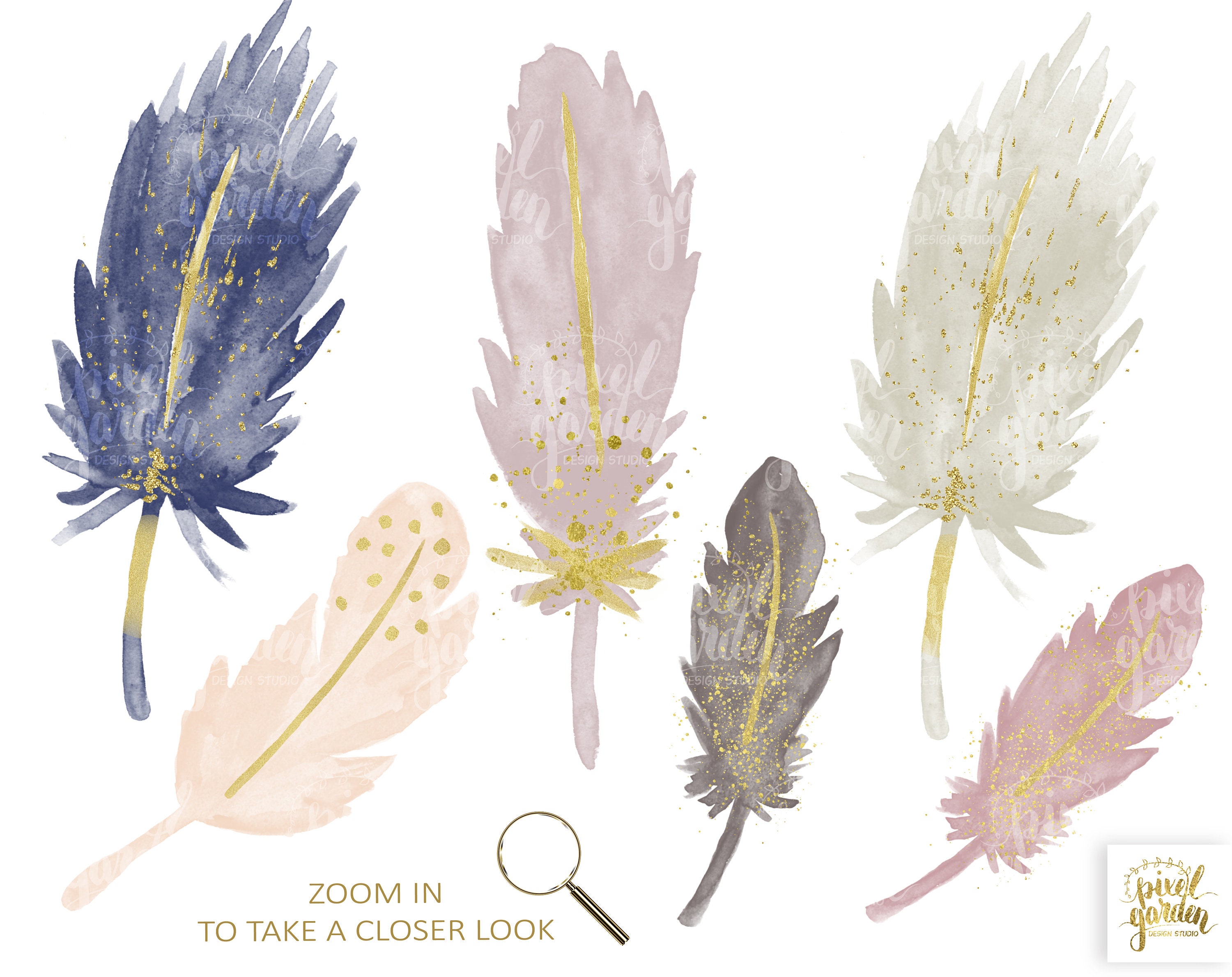 Watercolor Feather Clipart. Pastel Tribal Boho Clip Art. Gold | Etsy