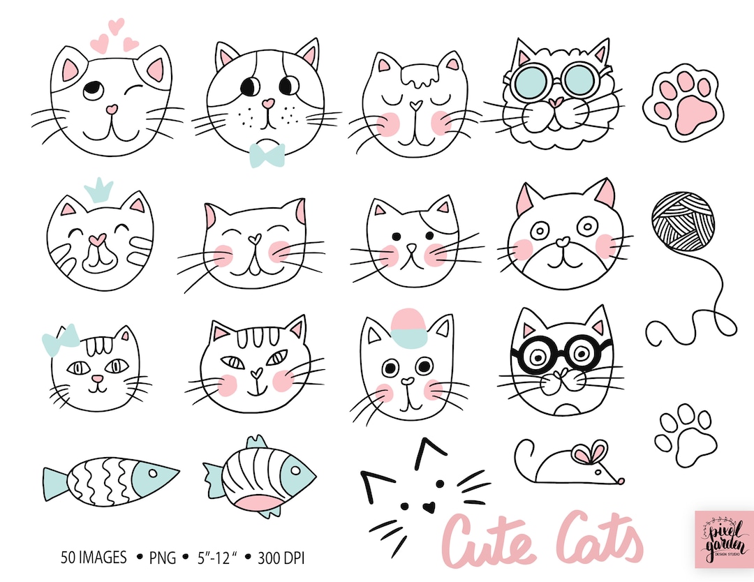 Cute Cats Clip Art. Han Drawn Doodle Cat Illustrations. Black and White ...