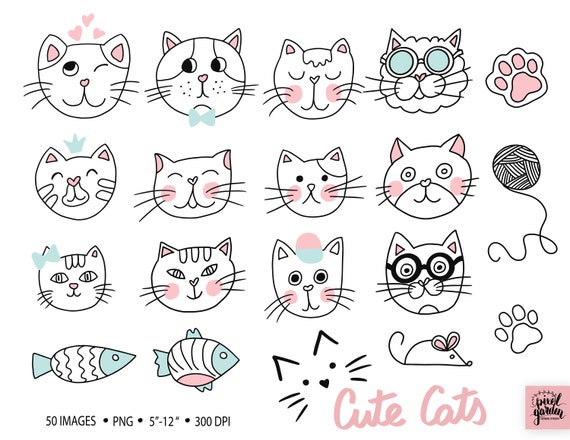 Cute Cats Clip Art. Han Drawn Doodle Cat Illustrations. Black - Etsy