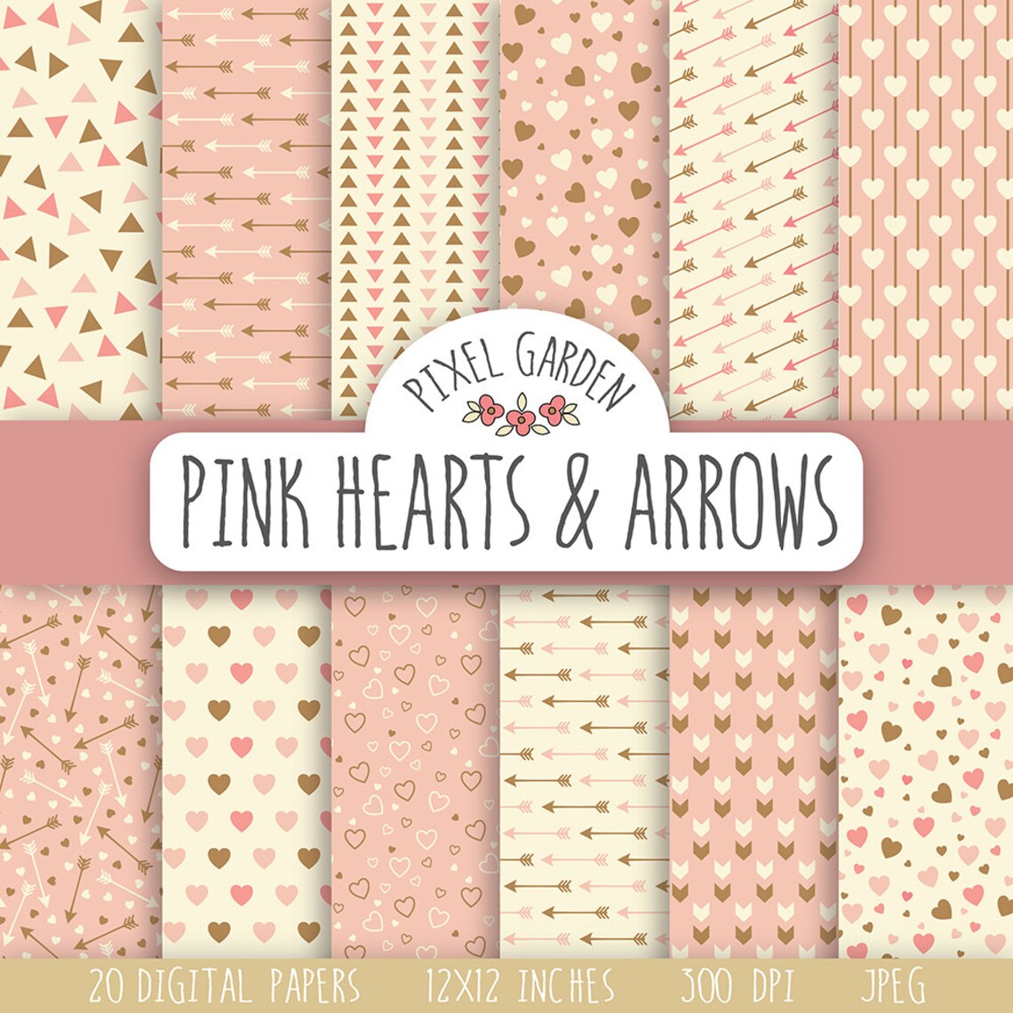 Pink Hearts Digital Paper Pack. Heart Scrapbooking Paper. Pink Arrows ...