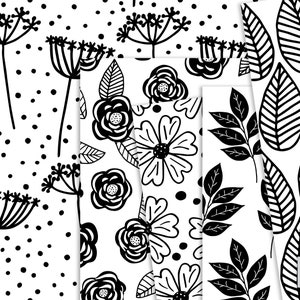 Black & White Scandinavian Digital Paper. Monochrome Hand Drawn Floral ...