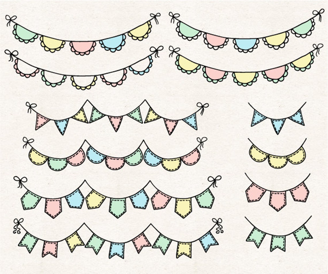 Bunting Banner Clip Art. Doodle Flag Banners. Hand Drawn Party Garland ...
