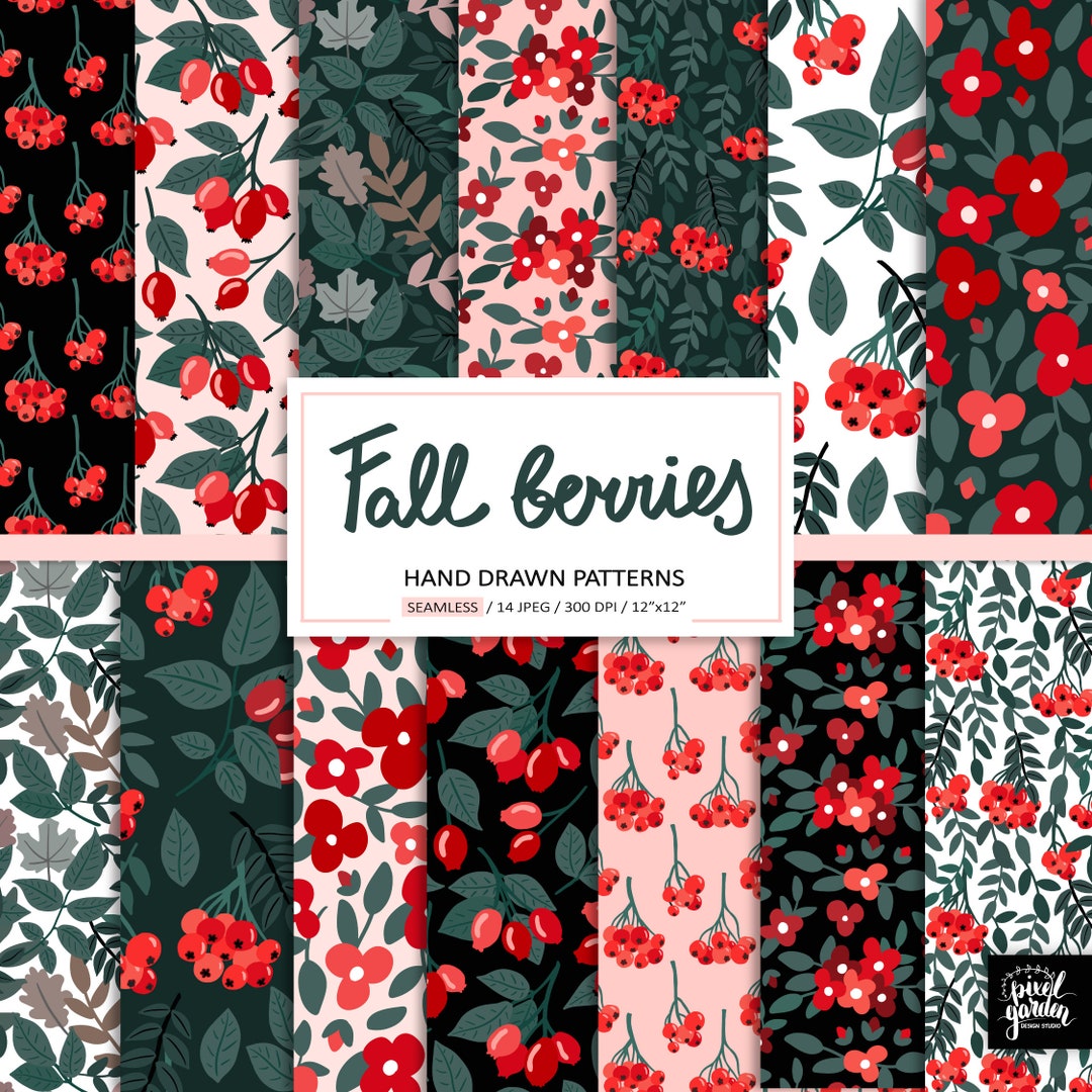 Fall Berries Digital Paper. Seamless Berry Pattern. Berries Leaves ...