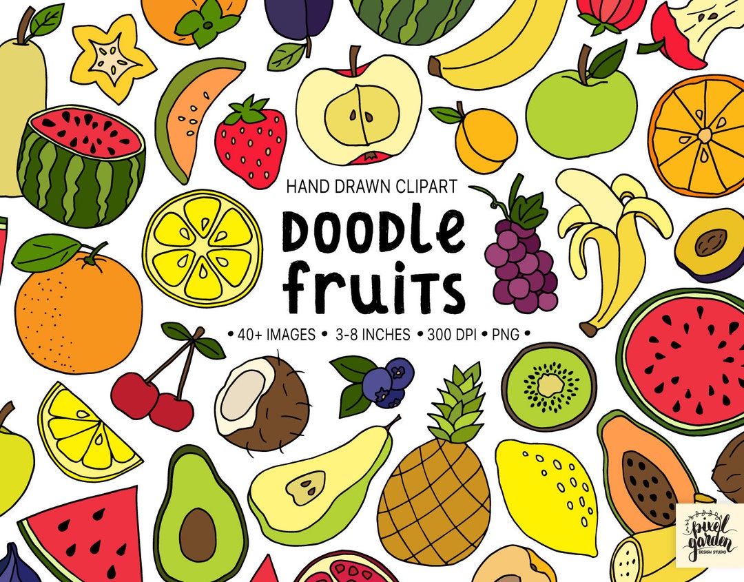 Doodle Fruits Clipart. Hand Drawn Watermelon, Lemon, Apple Clip Art ...