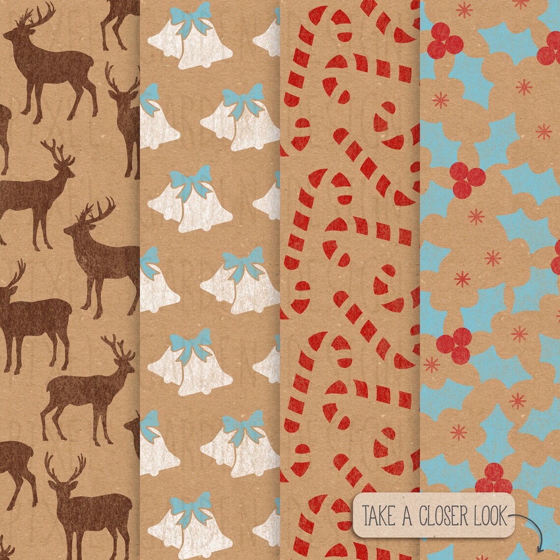 Rustic Christmas Digital Paper. Red Blue Kraft Christmas - Etsy