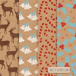 Rustic Christmas Digital Paper. Red, Blue Kraft Christmas Scrapbook ...