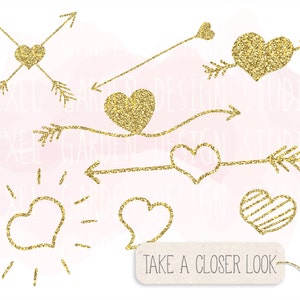 Gold Glitter Hearts and Arrows Clip Art. Valentine's Day Doodle Arrows ...