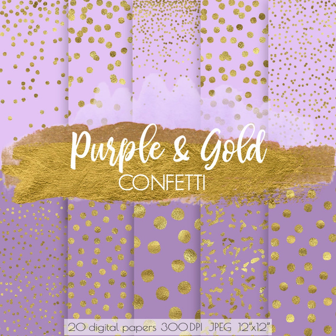 Gold Confetti Digital Paper. Purple Gold Dot Confetti | Etsy