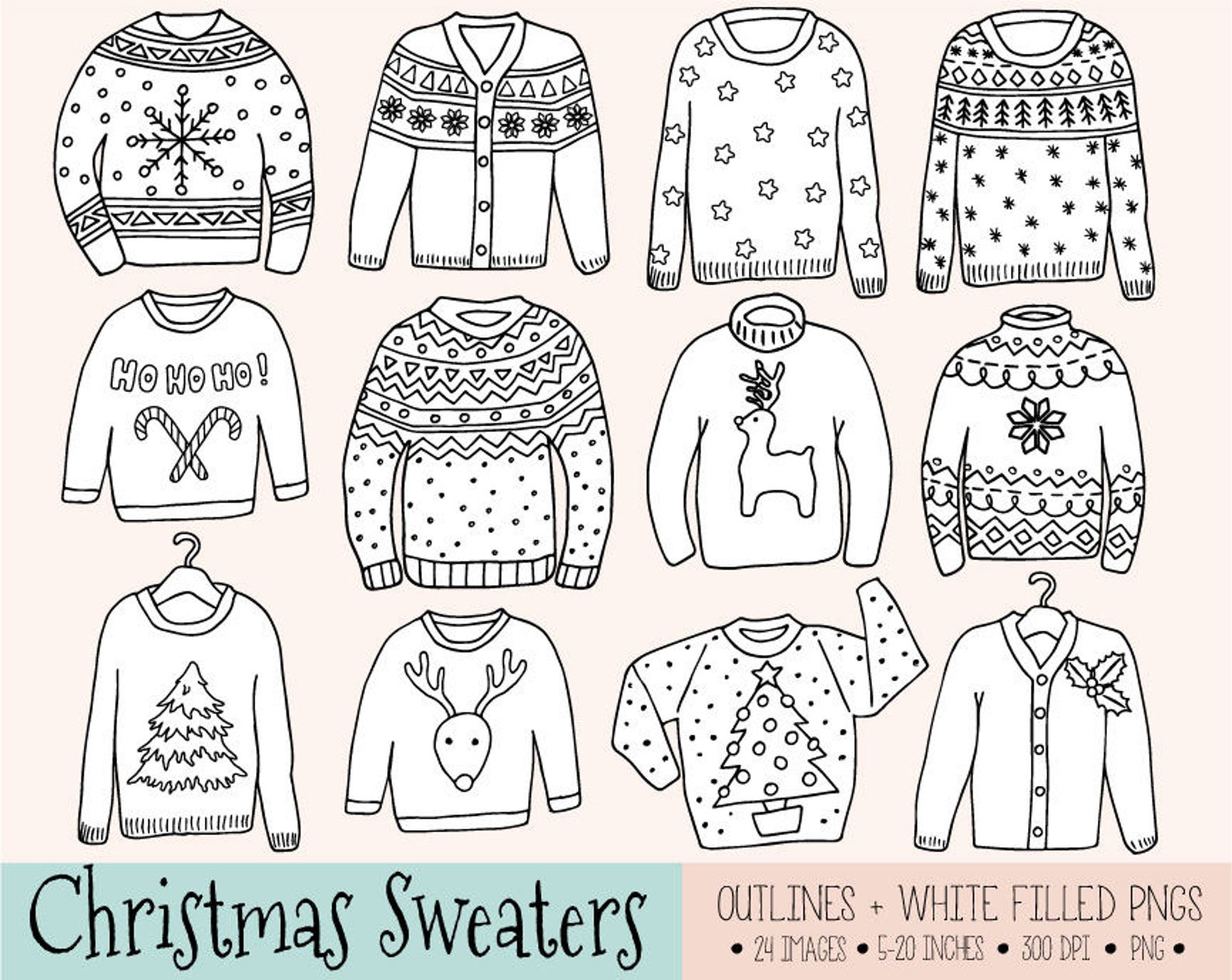 Ugly Christmas Sweater Clipart. Hand Drawn Tacky Christmas Jumper ...