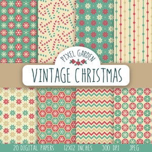 Vintage Christmas Digital Paper. Retro Holiday, Snowflake, Candy ...