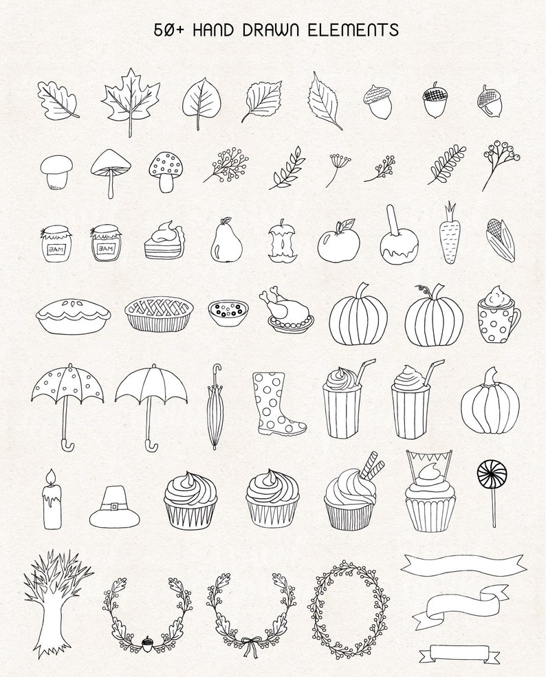 Hand Drawn Fall Clip Art. Doodle Autumn Clip Art. Thanksgiving - Etsy