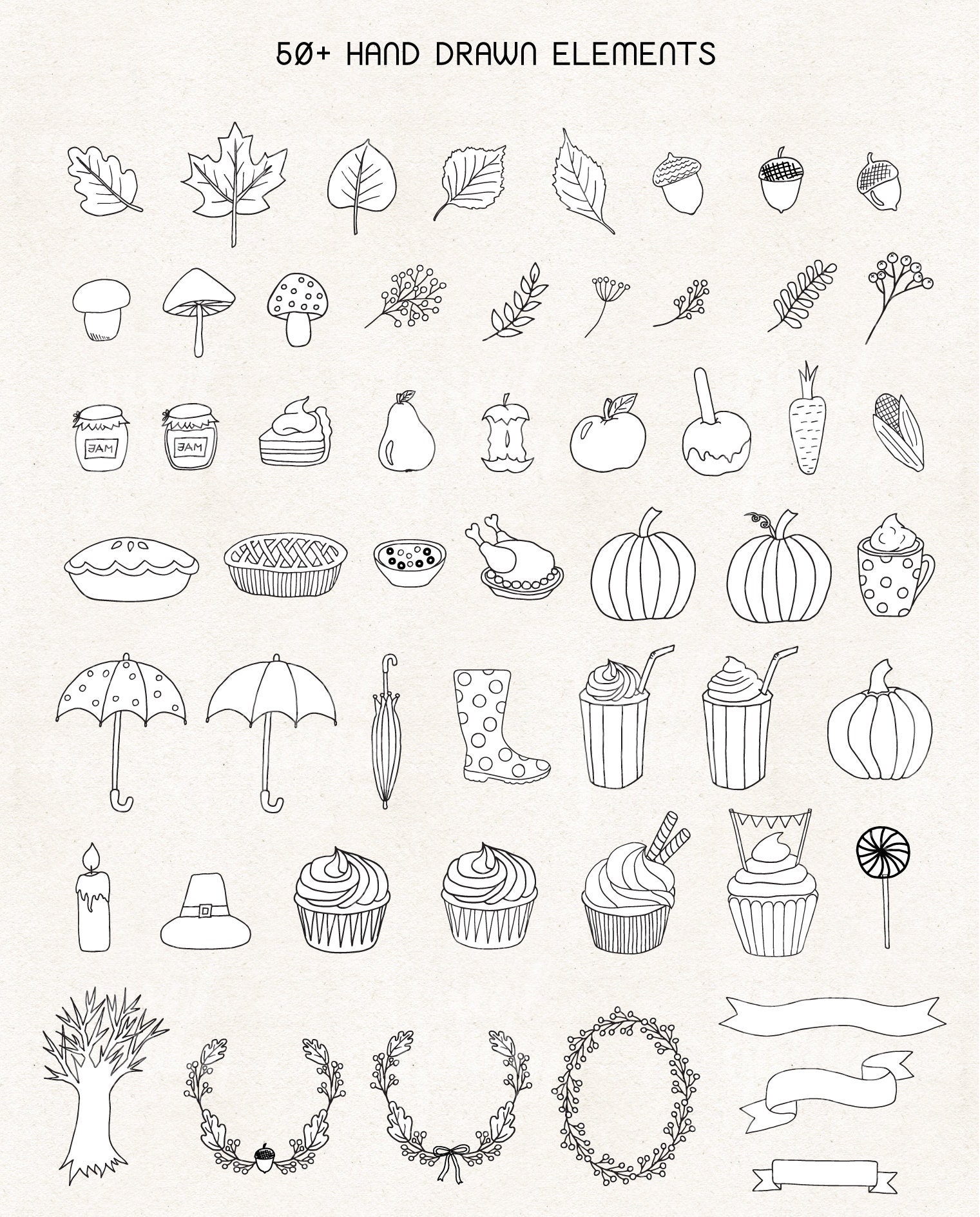 Hand Drawn Fall Clip Art. Doodle Autumn Clip Art. Thanksgiving ...