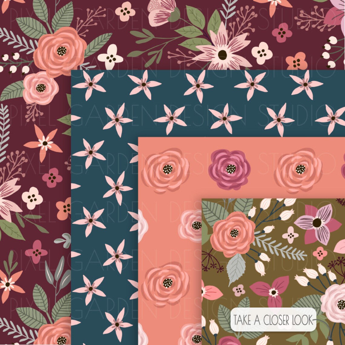 Fall Floral Digital Paper. Autumn Rose Peony Flower Patterns. | Etsy