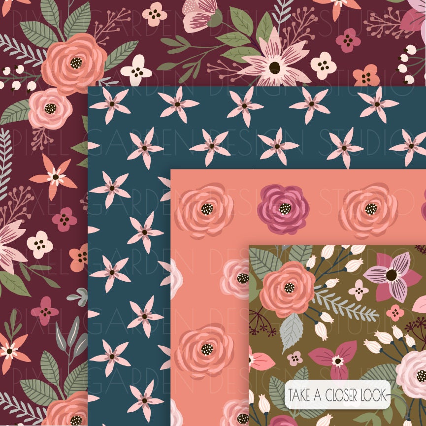 Fall Floral Digital Paper. Autumn Rose, Peony Flower Patterns. Shabby ...