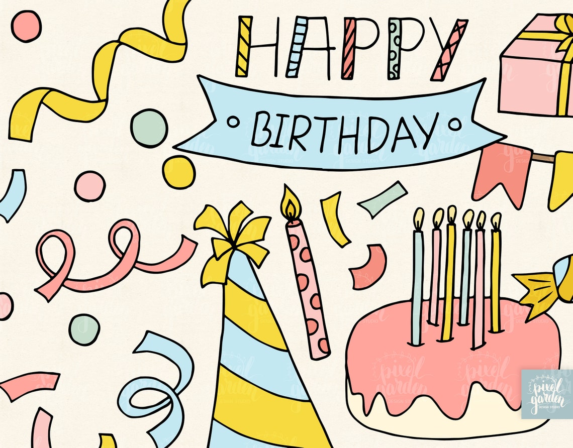 Birthday Clipart. Hand Drawn Birthday Clip Art. Celebration - Etsy