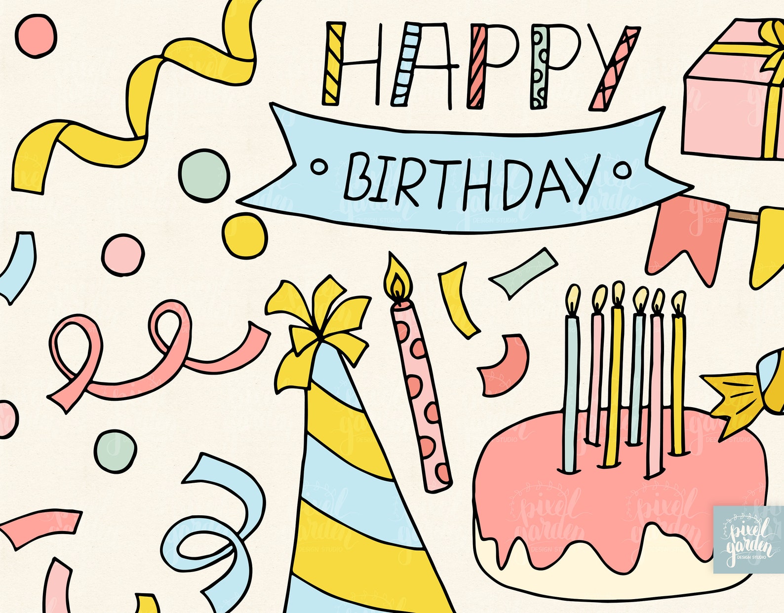 Birthday Clipart. Hand Drawn Birthday Clip Art. Celebration Clipart ...