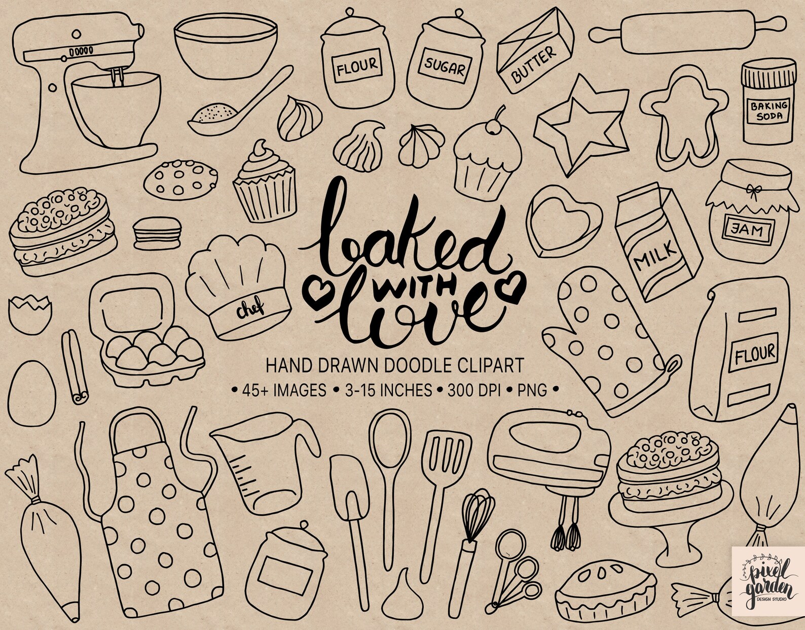 Baking Clipart. Hand Drawn Cake, Cookie, Meringue Clip Art. Bakery ...