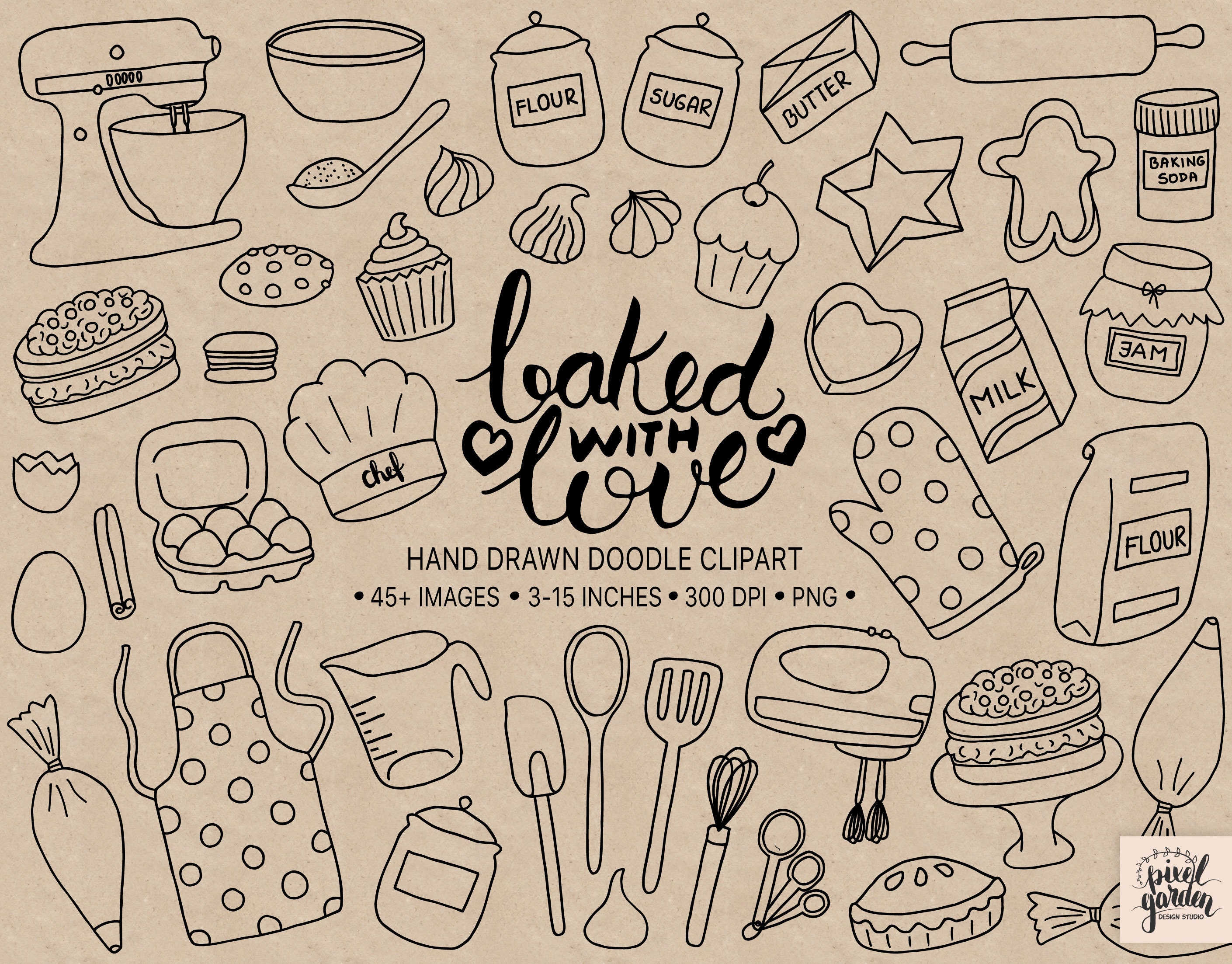 Baking Clipart. Hand Drawn Cake, Cookie, Meringue Clip Art. Bakery ...