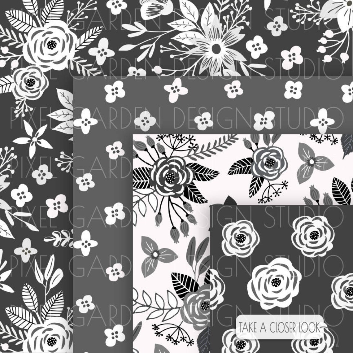 Black & White Floral Digital Paper. Monochrome Rose Peony - Etsy