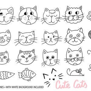 Cute Cats Clip Art. Han Drawn Doodle Cat Illustrations. Black and White ...