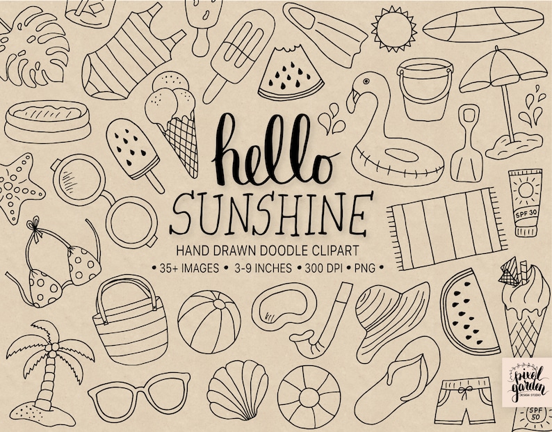 Black & White Summer Clipart. Hand Drawn Beach Vacation | Etsy