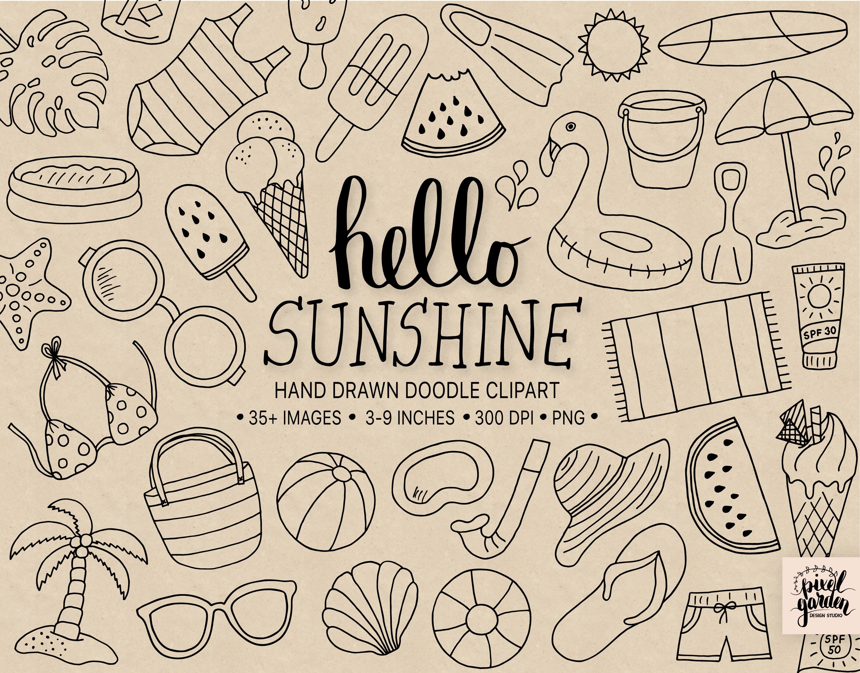 Black & White Summer Clipart. Hand Drawn Beach Vacation | Etsy