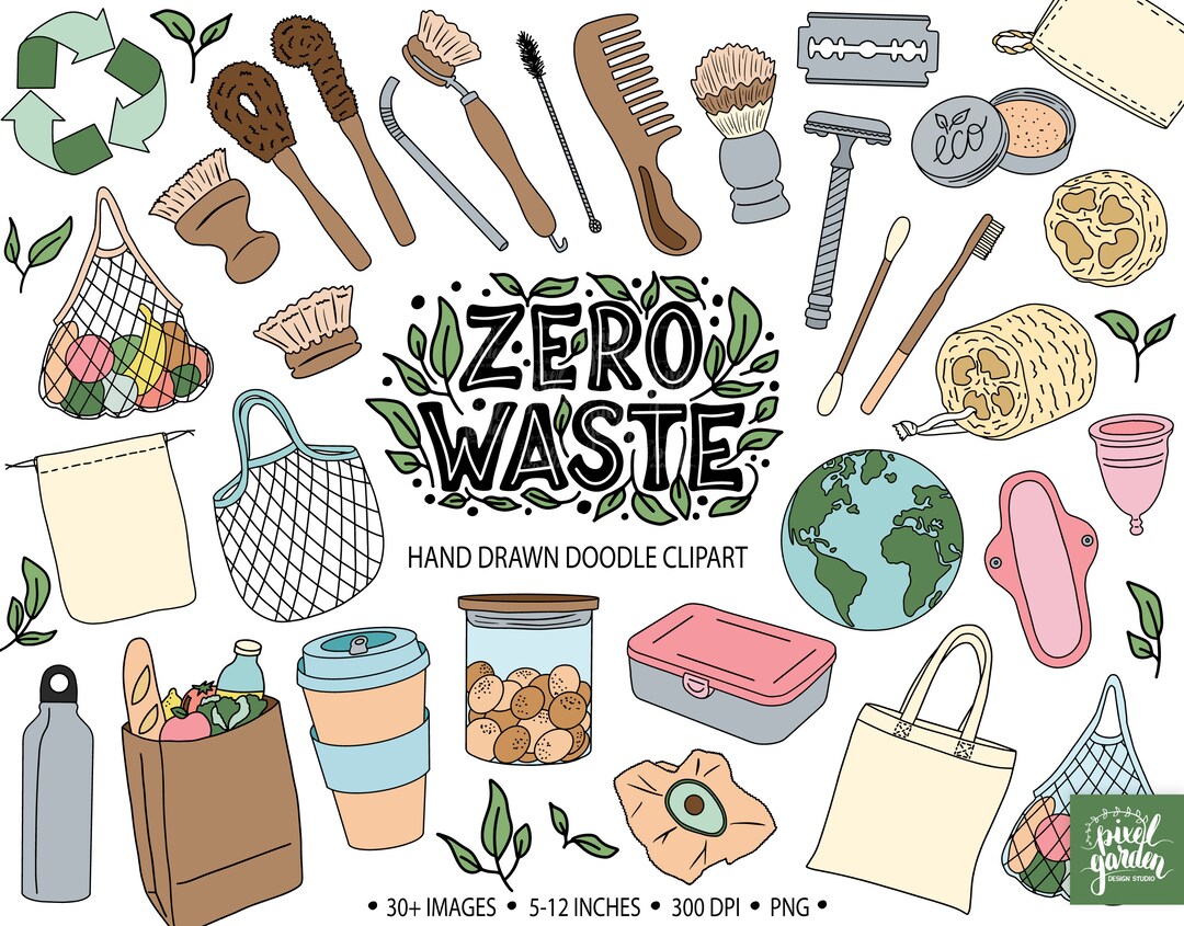 Zero Waste Clip Art. Hand Drawn Eco Friendly Clipart. Doodle Green ...