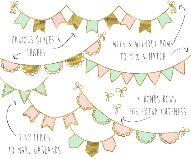 Gold Bunting Banner Clip Art. Mint & Pink Bunting Clipart. Gold Glitter ...