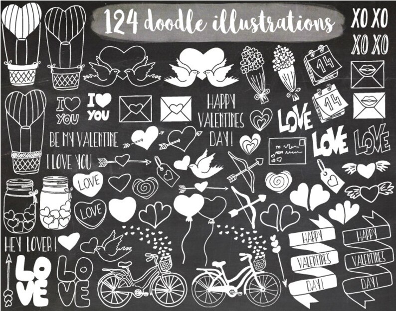 Chalk Valentines Day Clipart. Doodle Love Wedding Clip Art. - Etsy