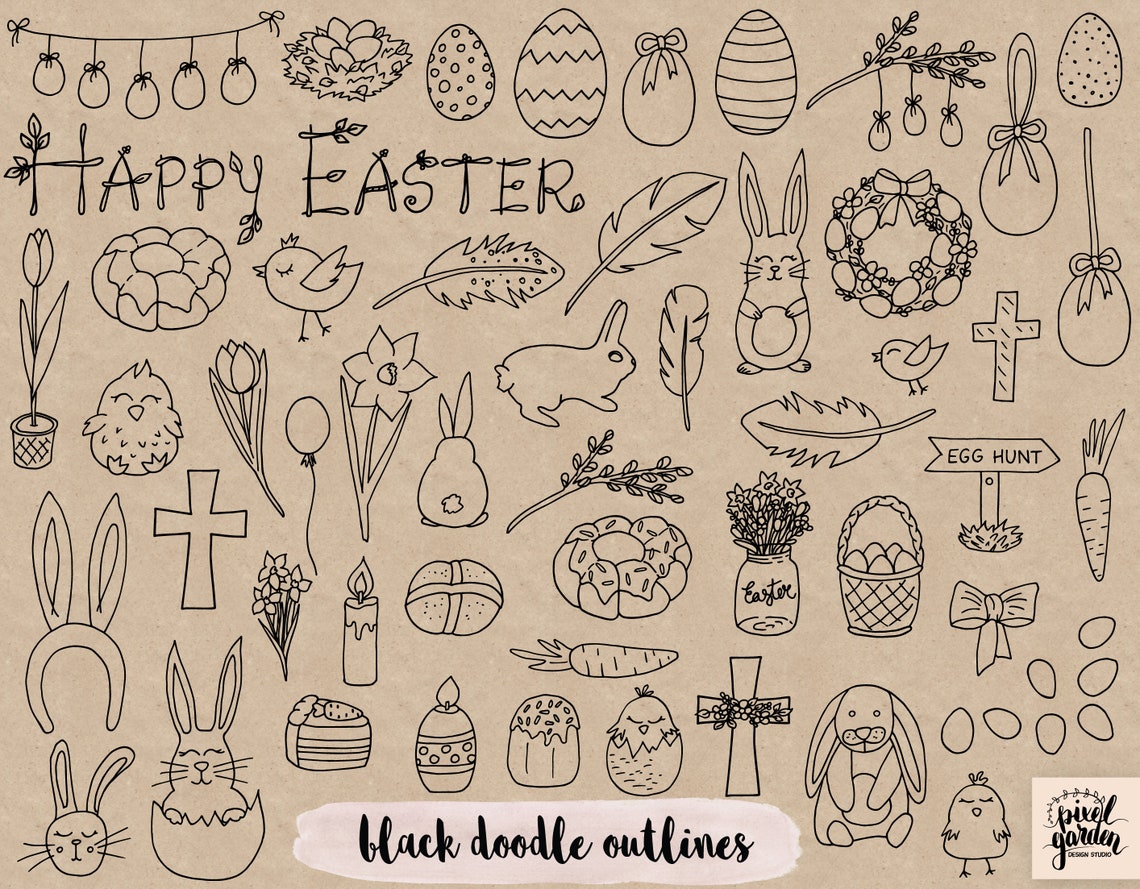 Easter Clipart. Hand Drawn Easter Egg Clip Art. Black & White | Etsy