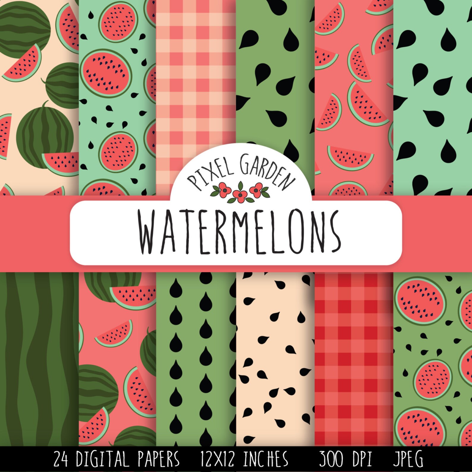 Watermelon Digital Paper. Gingham Polka Dot Scrapbooking | Etsy