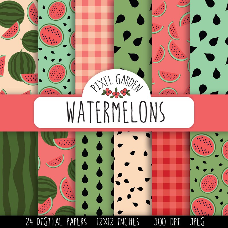 Watermelon Digital Paper. Gingham, Polka Dot Scrapbooking Paper. Summer ...