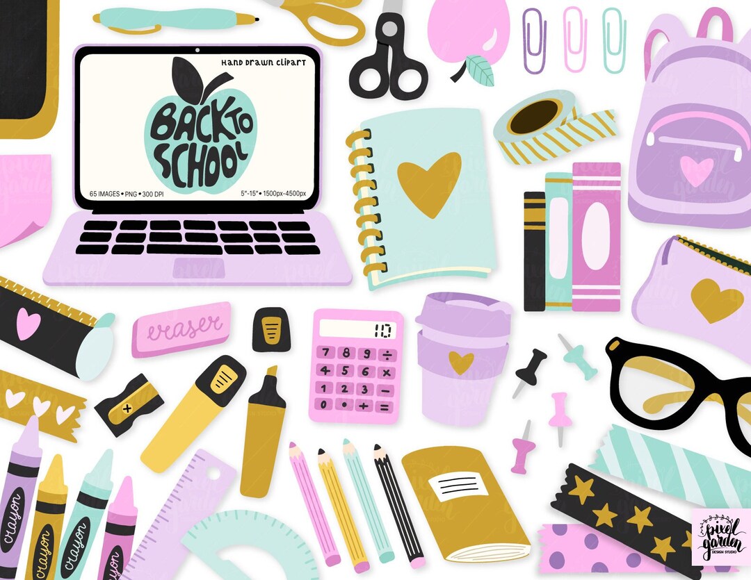 Back to School Clipart. School Clip Art. Hand Drawn Office Suplies ...