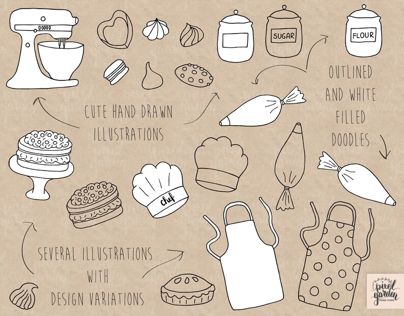 Baking Clipart. Hand Drawn Cake, Cookie, Meringue Clip Art. Bakery ...