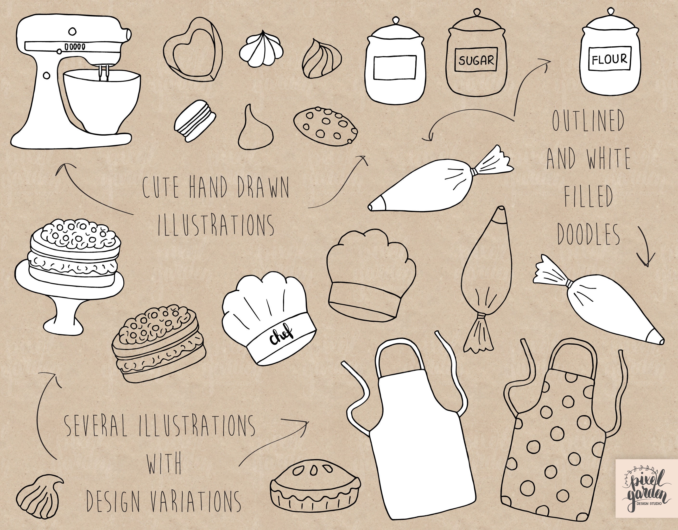 Baking Clipart. Hand Drawn Cake, Cookie, Meringue Clip Art. Bakery ...