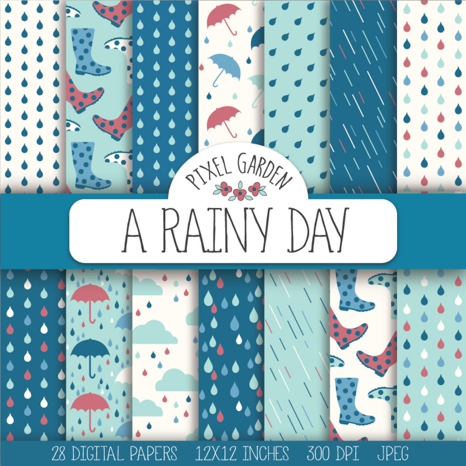 Rain Digital Paper. Raindrop, Umbrella, Cloud Pattern Scrapbook Paper ...