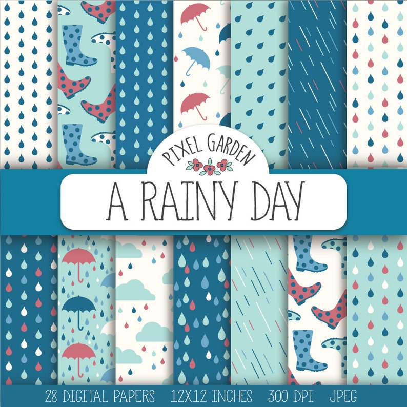 Rain Digital Paper. Raindrop Umbrella Cloud Pattern | Etsy