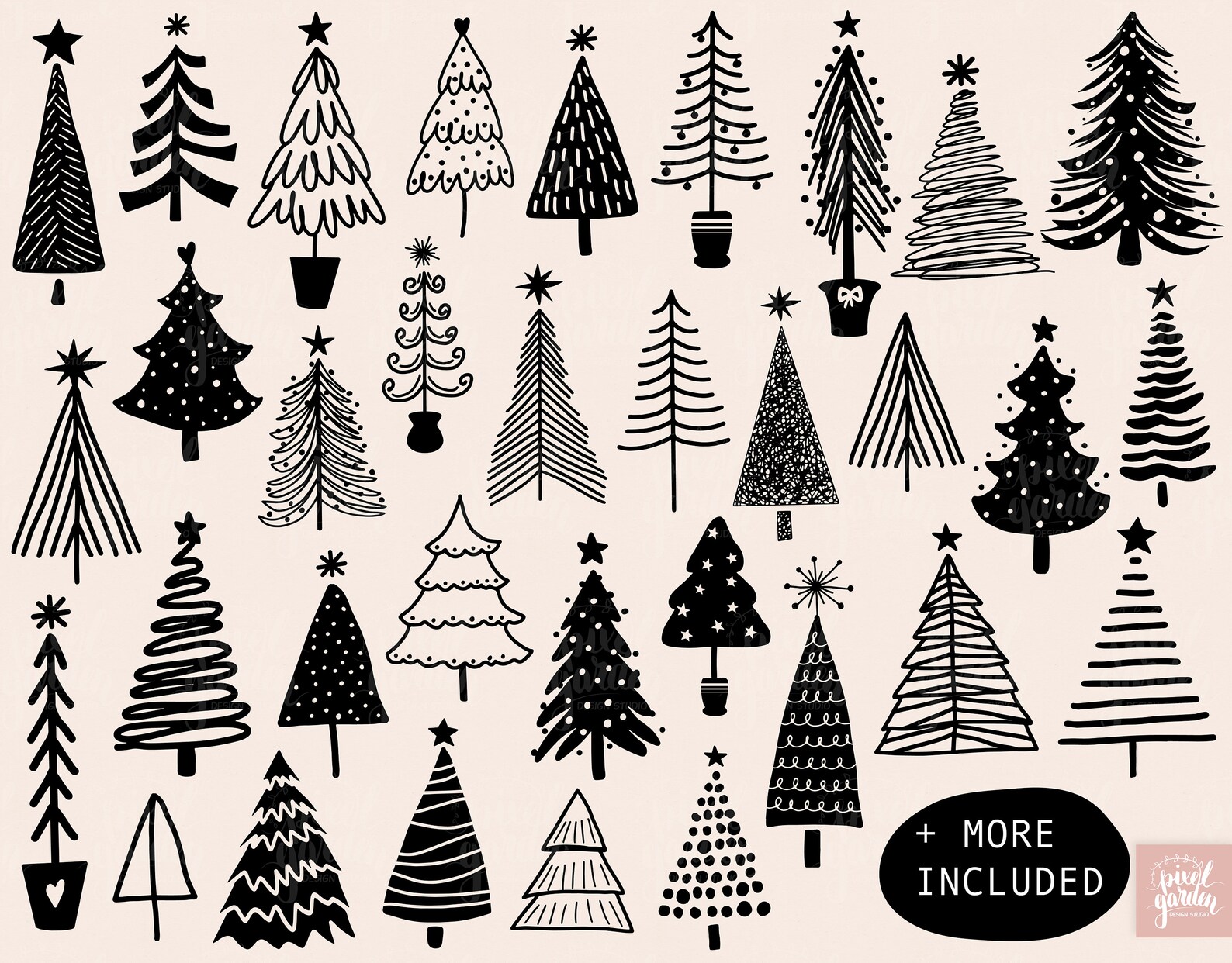 Black & White Christmas Tree Clipart. Hand Drawn Minimalist Doodles ...