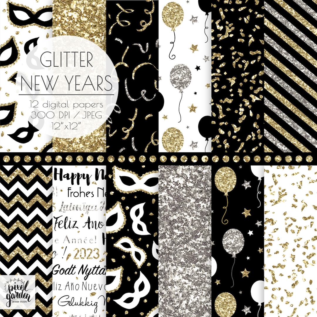 New Years Eve Digital Paper. Gold, Silver Glitter New Year's ...