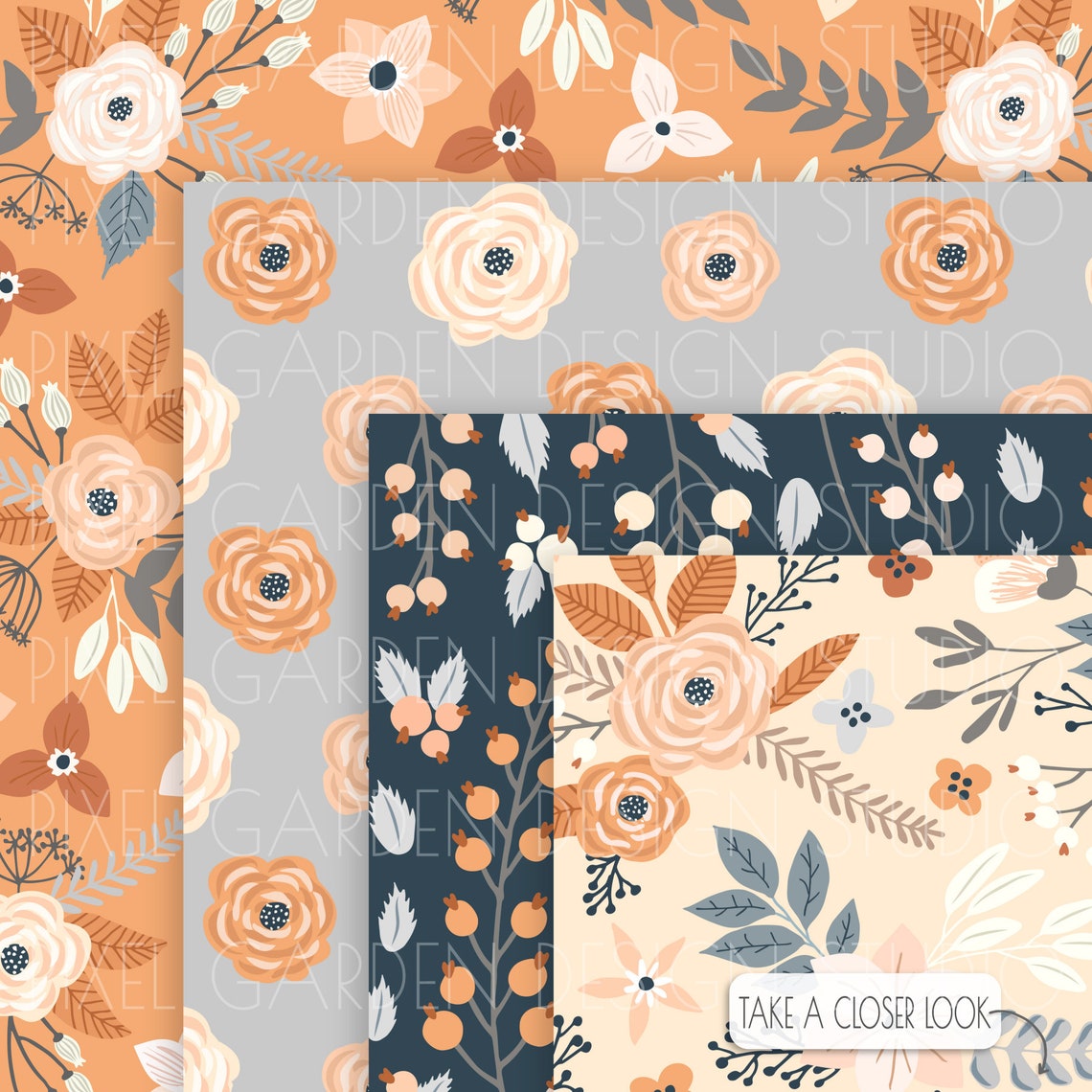 Peach Gray Floral Digital Paper. Peach Navy Shabby Chic - Etsy