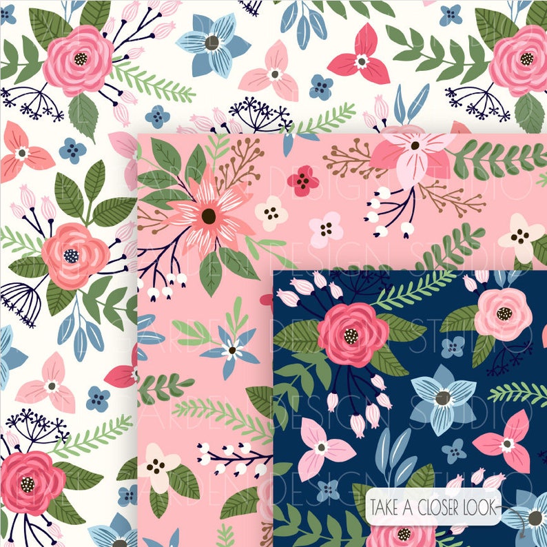 Navy & Pink Floral Digital Paper Background. Shabby Cottage Chic ...