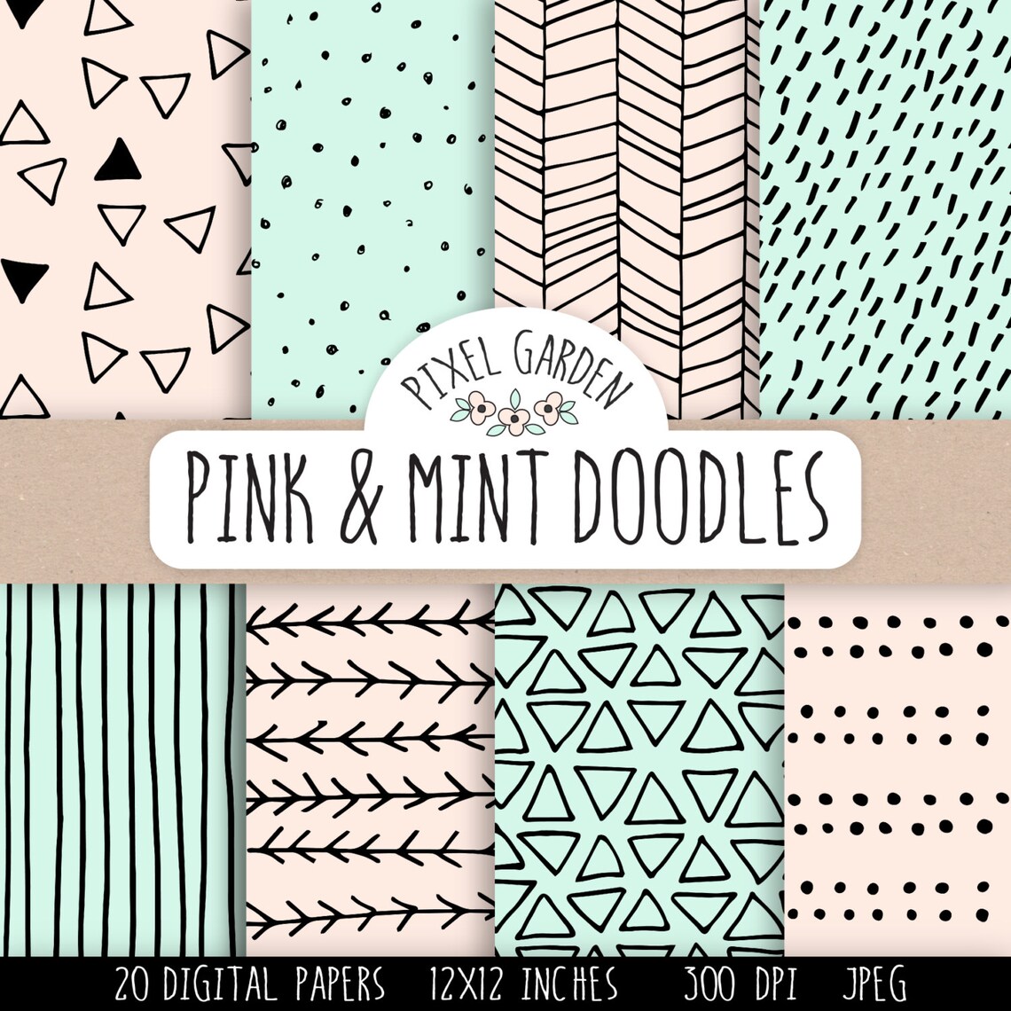 Hand Drawn Mint and Pink Doodle Digital Papers. Mint Geometric - Etsy
