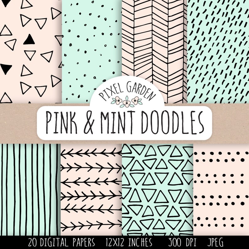 Hand Drawn Mint and Pink Doodle Digital Papers. Mint Geometric - Etsy