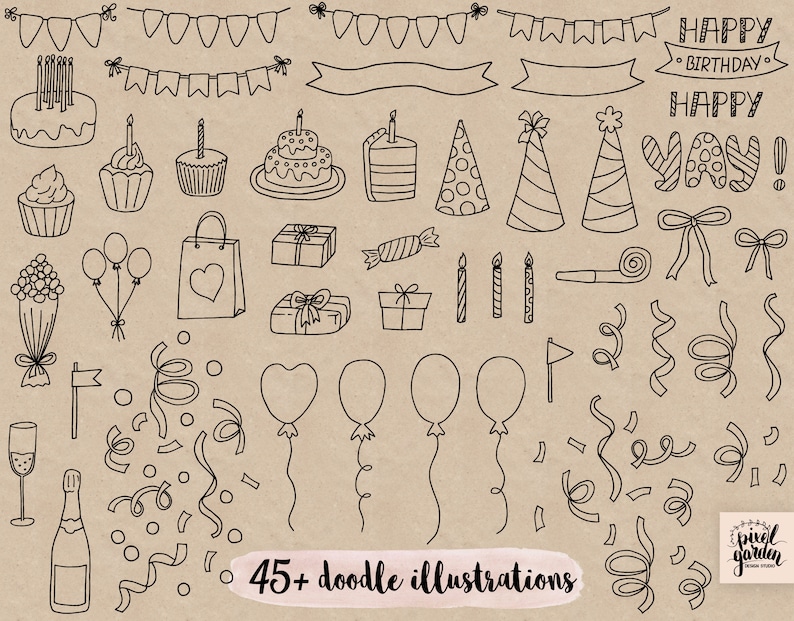 Birthday Clipart. Hand Drawn Birthday Clip Art. Celebration - Etsy