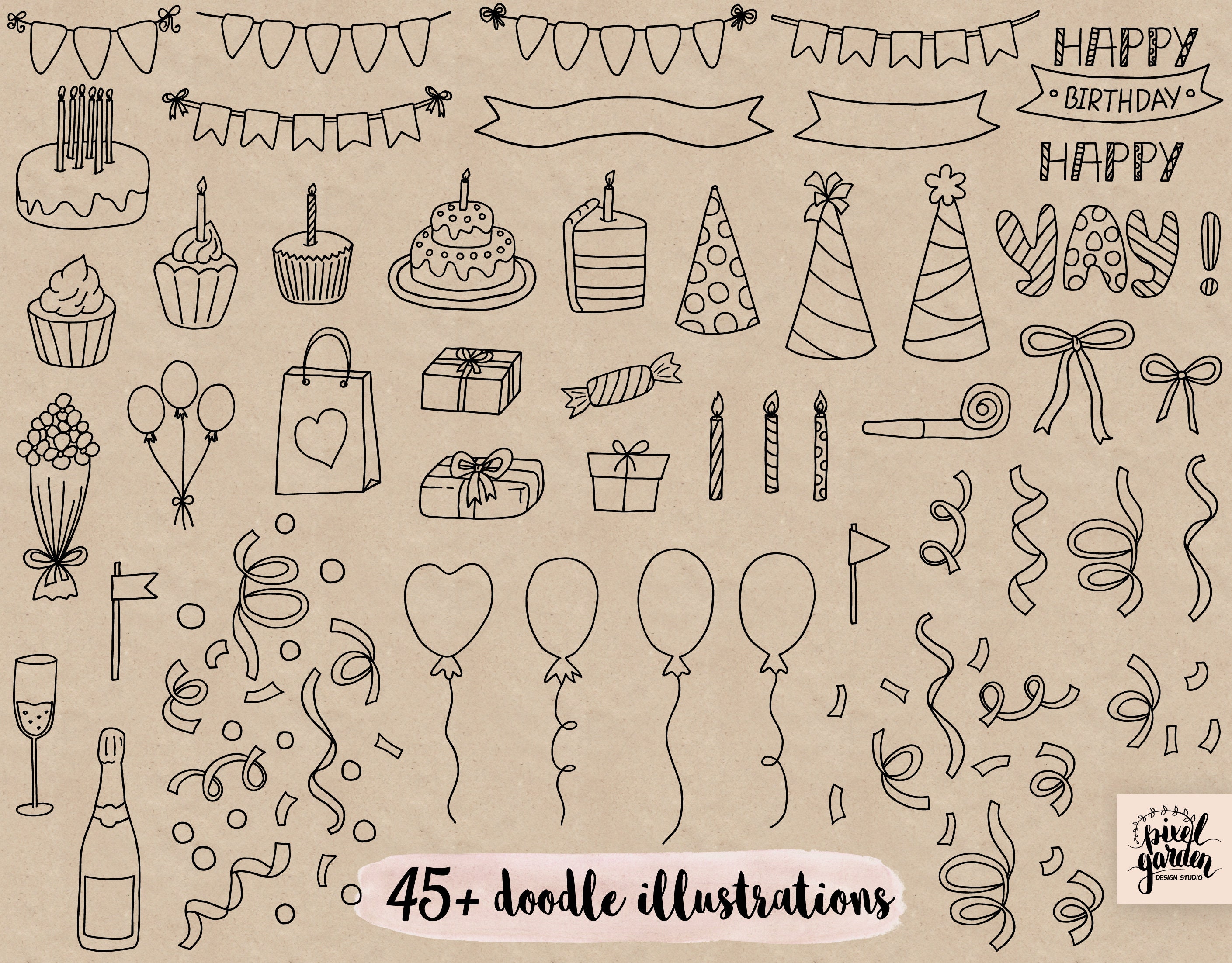 Birthday Clipart. Hand Drawn Birthday Clip Art. Celebration - Etsy