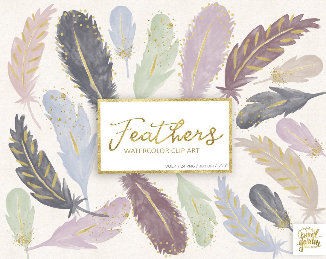 Gold & Watercolor Feather Clipart. Pastel Boho Watercolour | Etsy