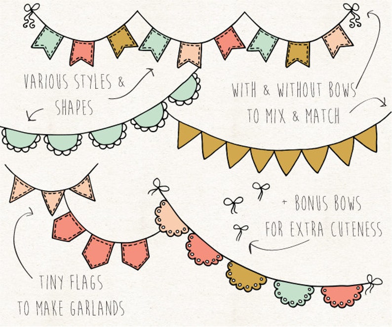 Hand Drawn Bunting Clip Art. Doodle Bunting Banners. Digital - Etsy