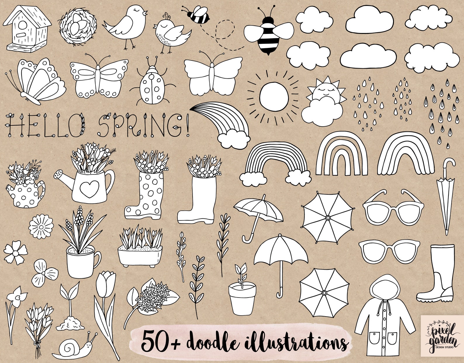 Black & White Spring Clipart. Hand Drawn Floral Clip Art. Rainbow, Rain ...
