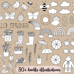 Black & White Spring Clipart. Hand Drawn Floral Clip Art. Rainbow, Rain ...