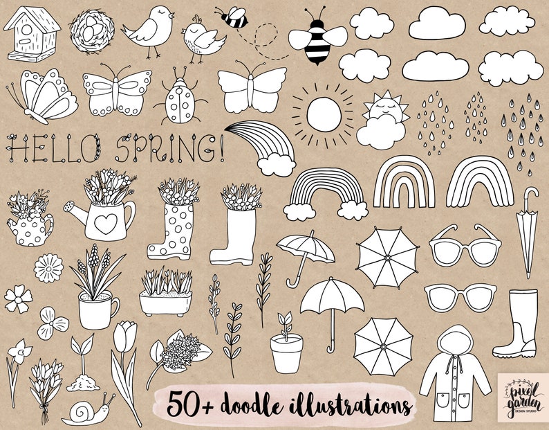 Black & White Spring Clipart. Hand Drawn Floral Clip Art. - Etsy